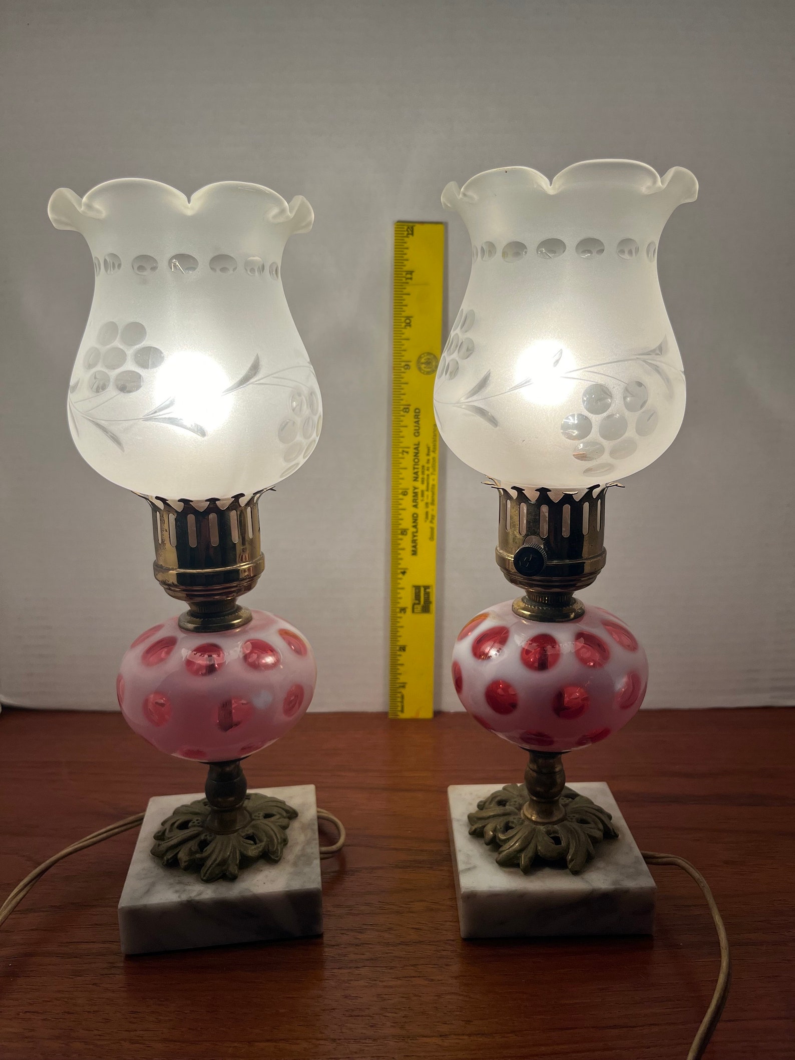 Fenton VTG Cranberry Pink Coin Dot Marble Base Electrical Lamps set of ...