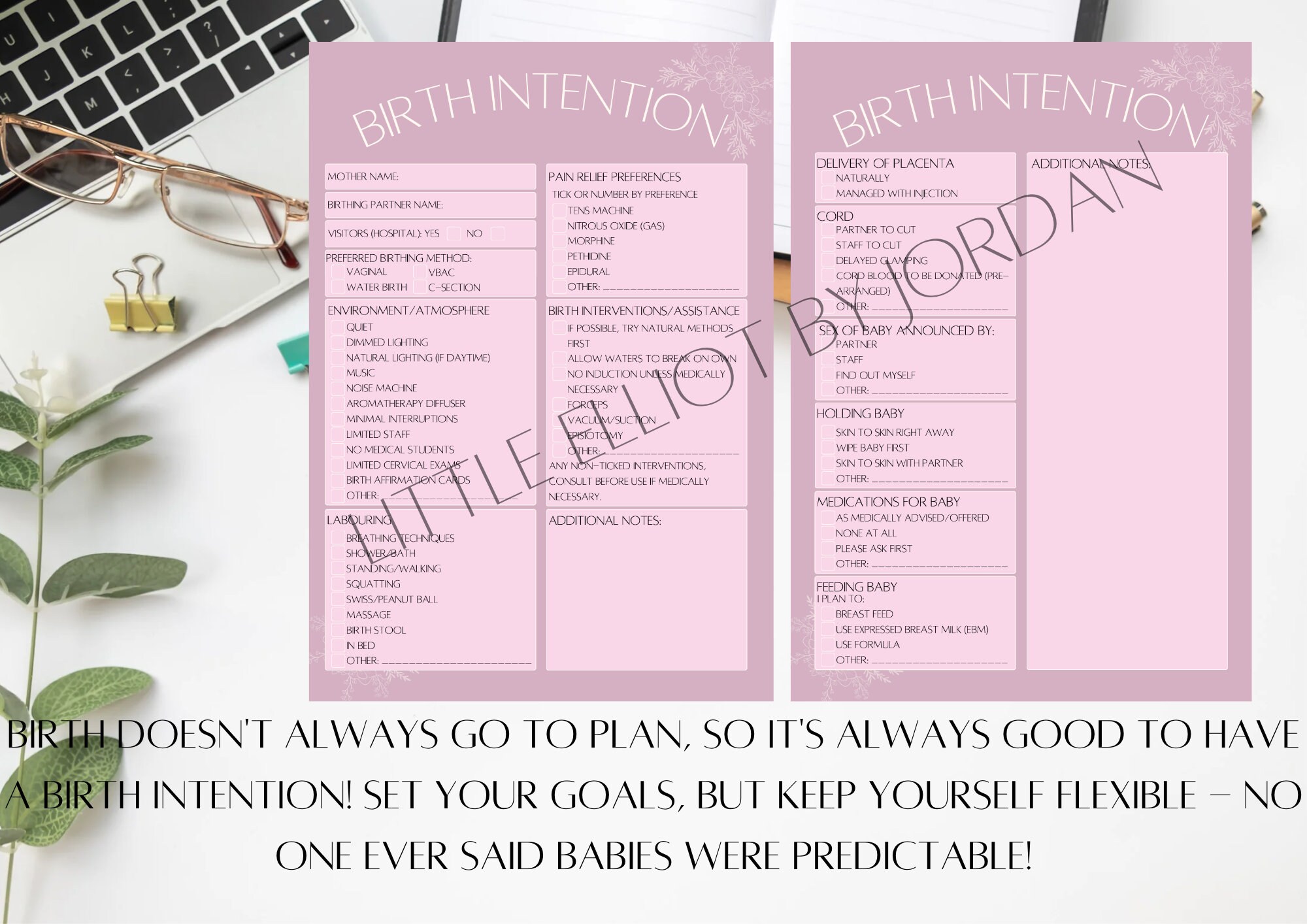 Pink Relaxed Birth Intention/plan Printable Template - Etsy