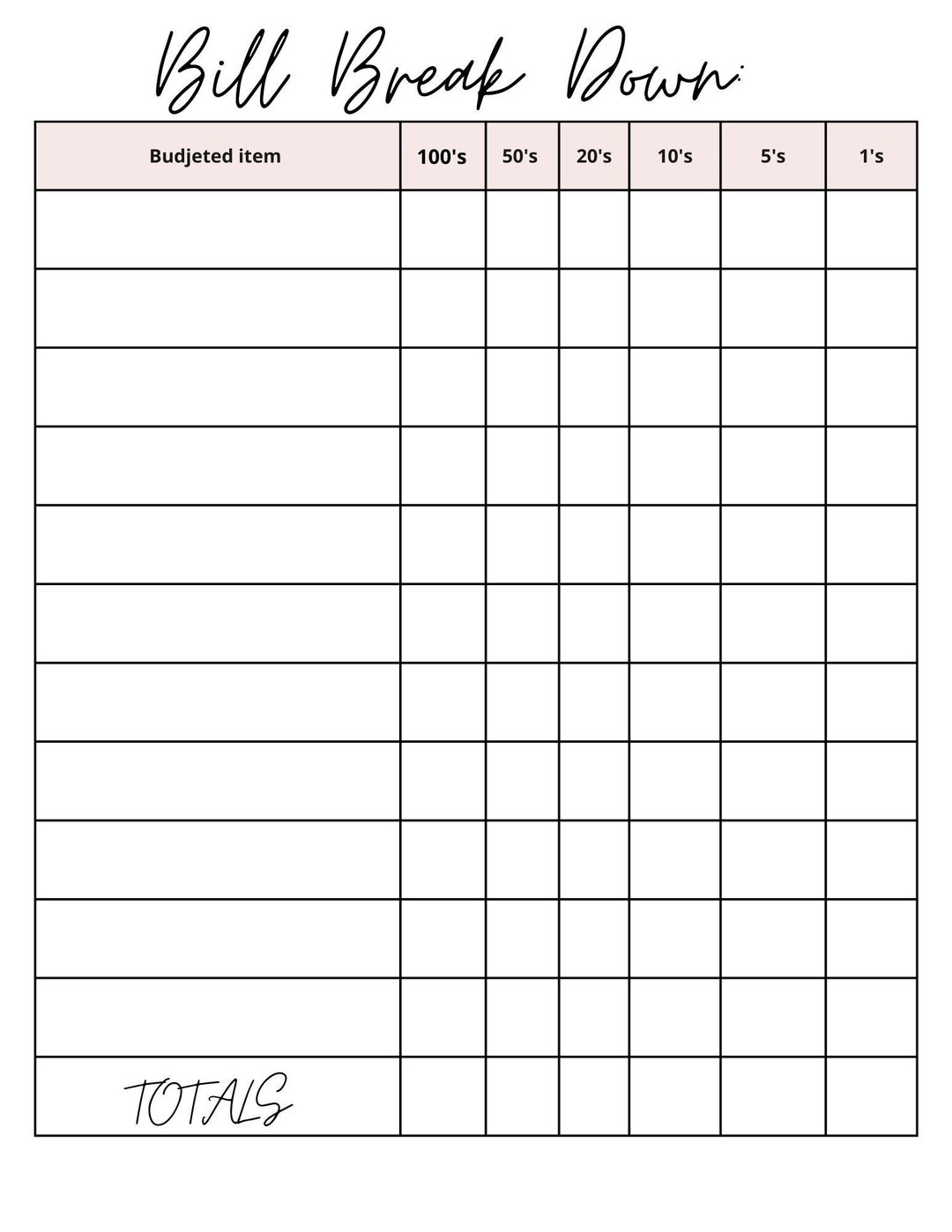 Bill Break Down Sheet - Etsy