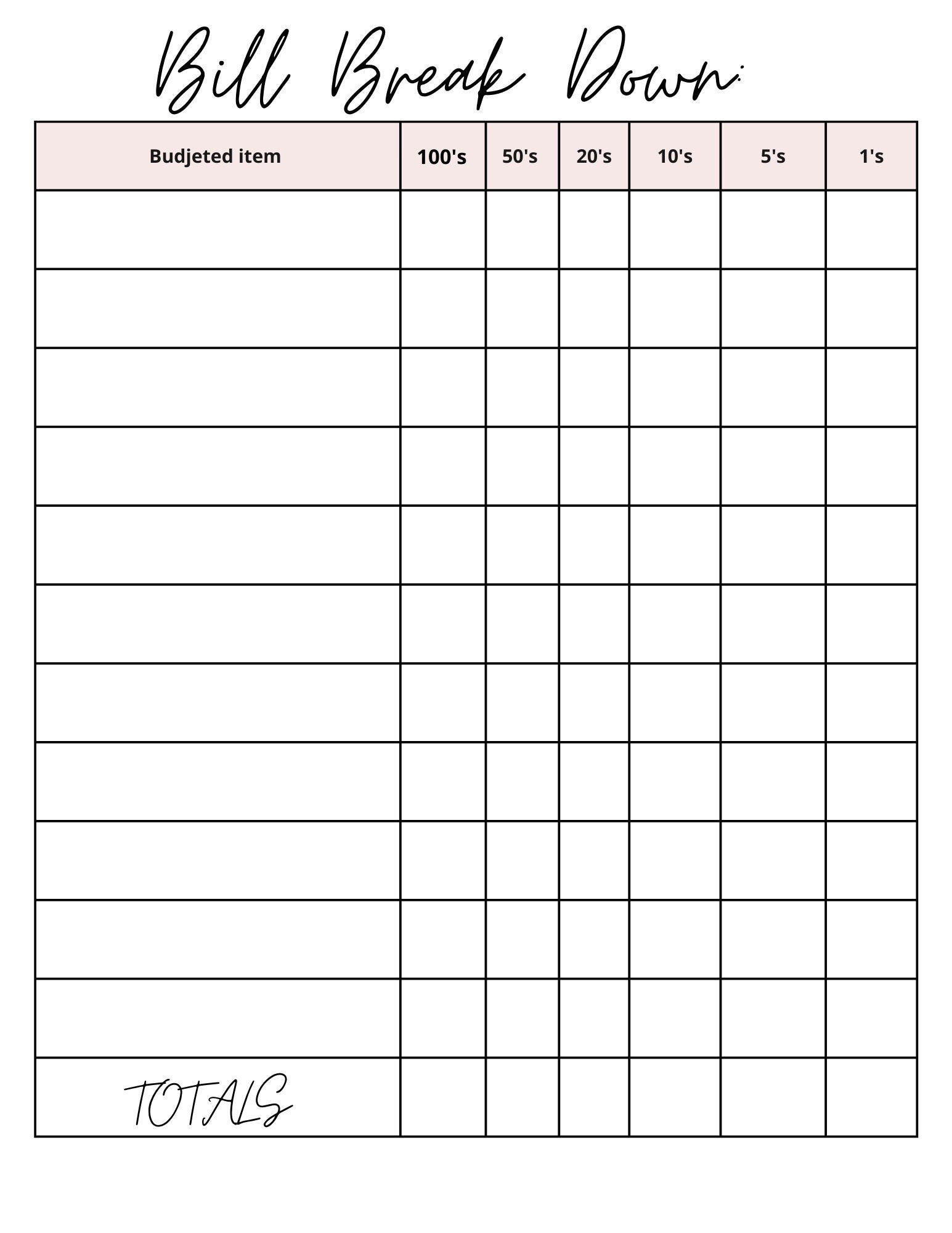 Bill Break Down Sheet - Etsy