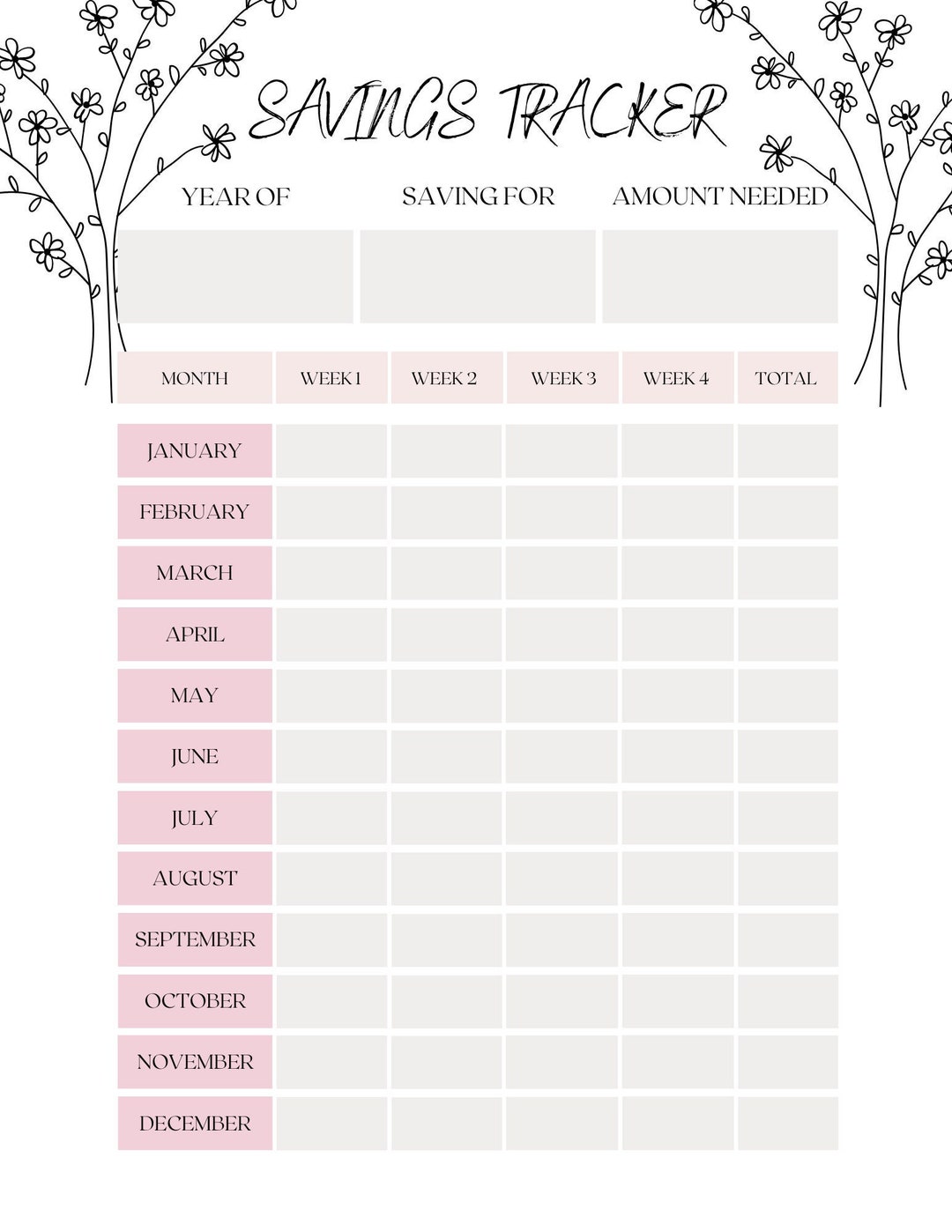 Simple, Floral Monthly Savings Tracker - Etsy