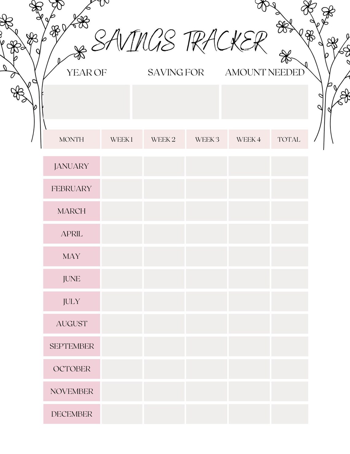 Simple, Floral Monthly Savings Tracker - Etsy