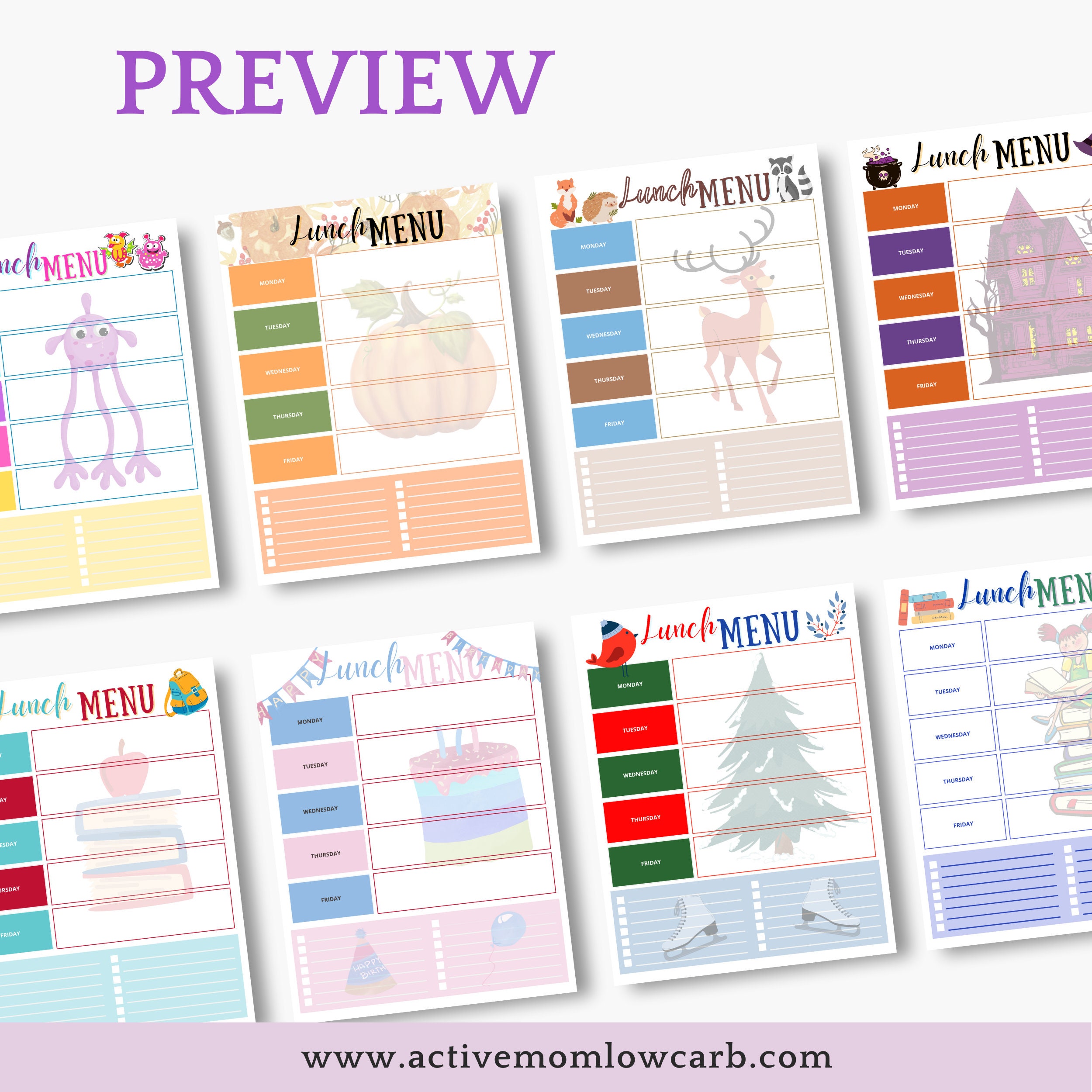 Home School Fillable Lunch Menus, Holiday Theme Kids Lunch Organization ...