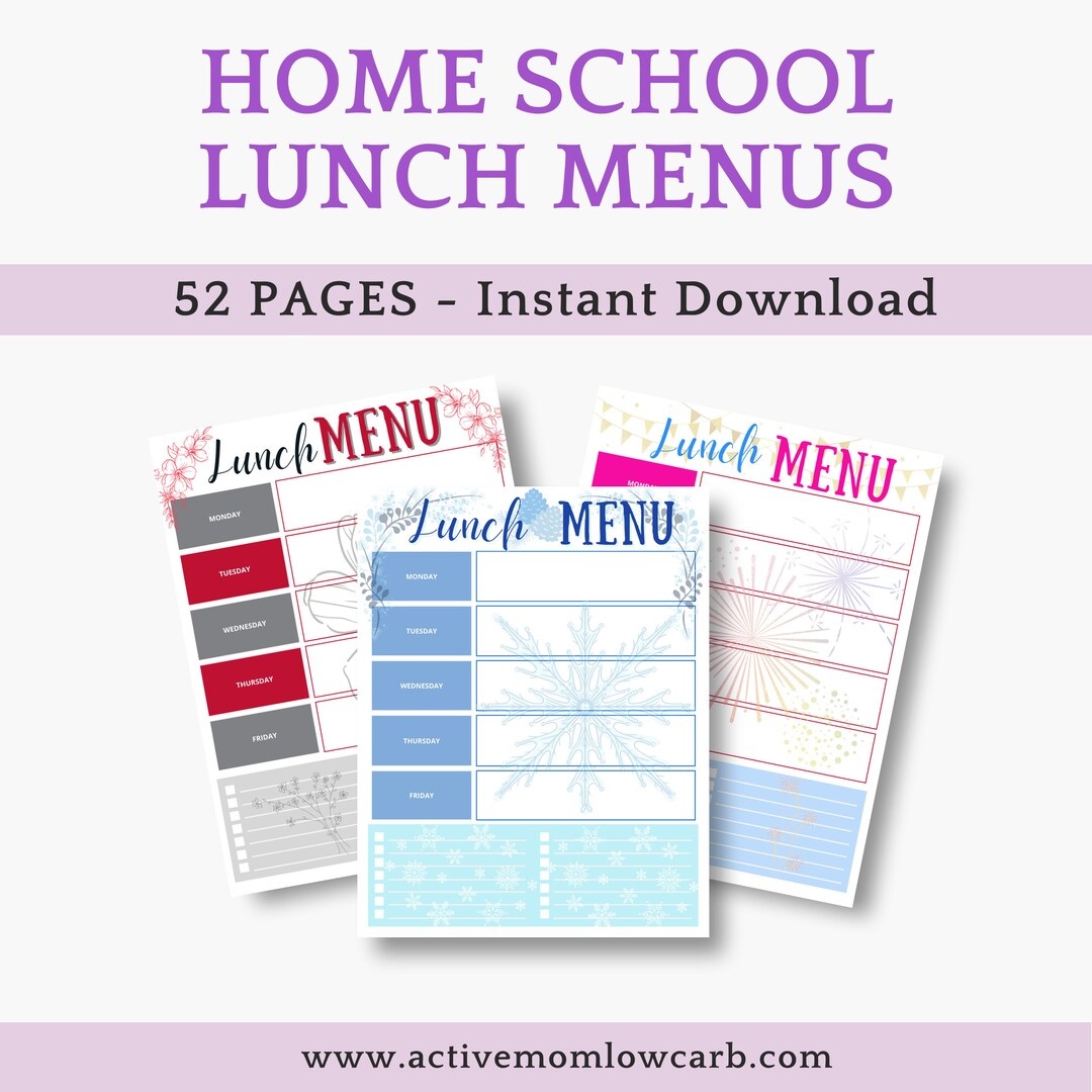 Home School Fillable Lunch Menus, Holiday Theme Kids Lunch Organization ...