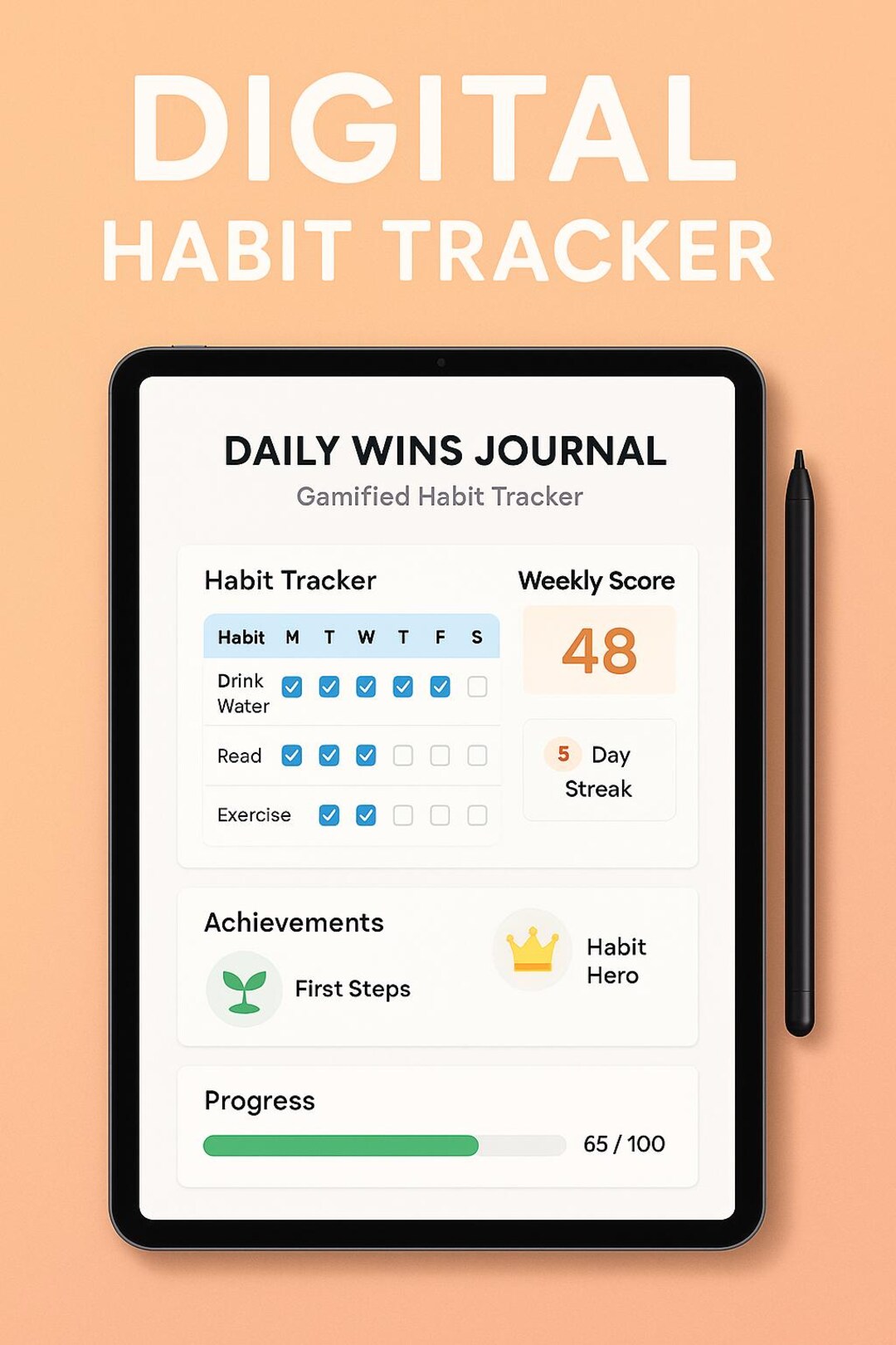 Gamified Digital Habit Tracker: Daily Wins Journal (HTML & PDF Options ...