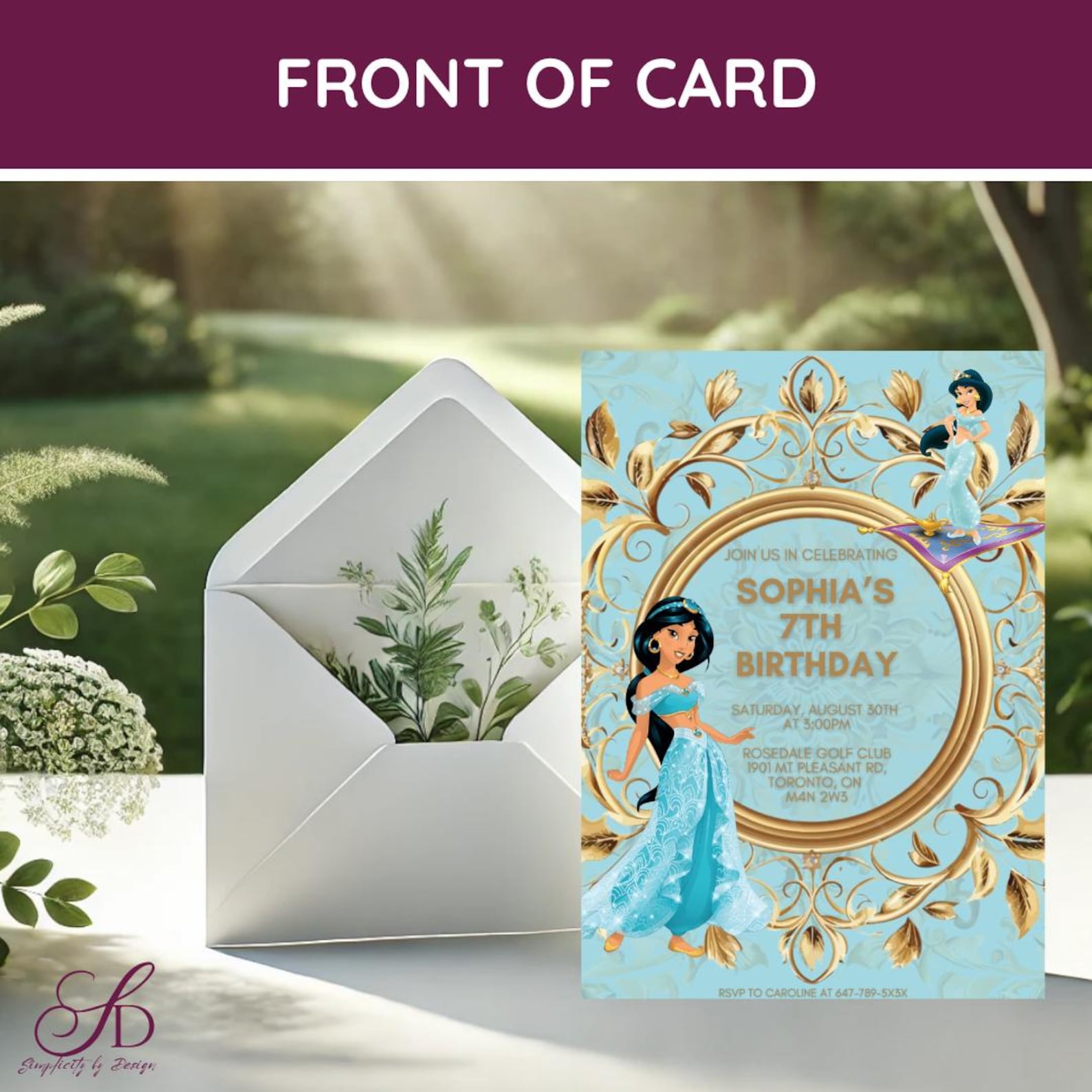 Princess Jasmine Birthday Invitation | Elegant Blue & Gold Princess ...