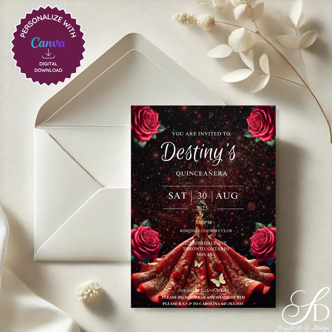 Quinceanera Sweet 15 Invitation for Girls in Red, Dress and Roses, 5x7 ...