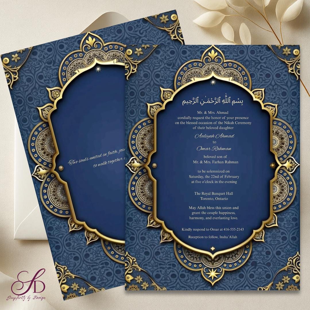 Royal Blue & Gold Nikah Invitation: Islamic Wedding Template (digital ...
