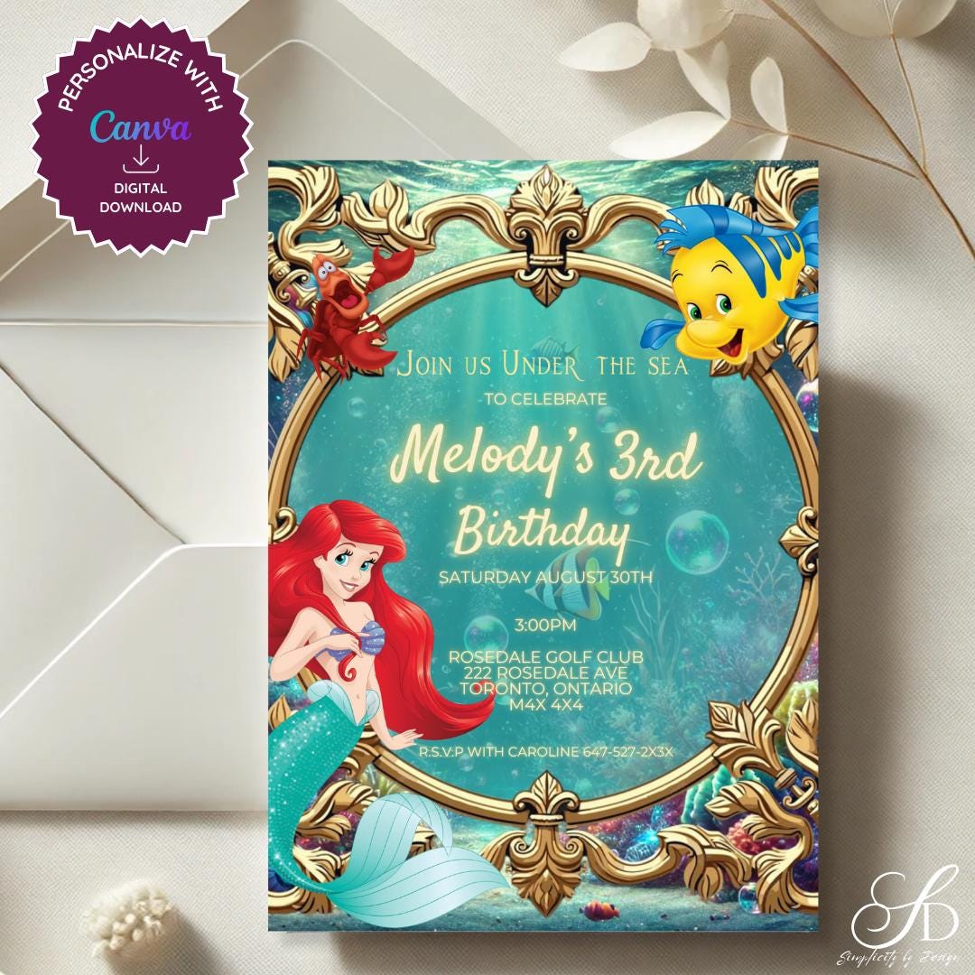 Ariel Mermaid Birthday Invitation – Under the Sea Party Invite ...