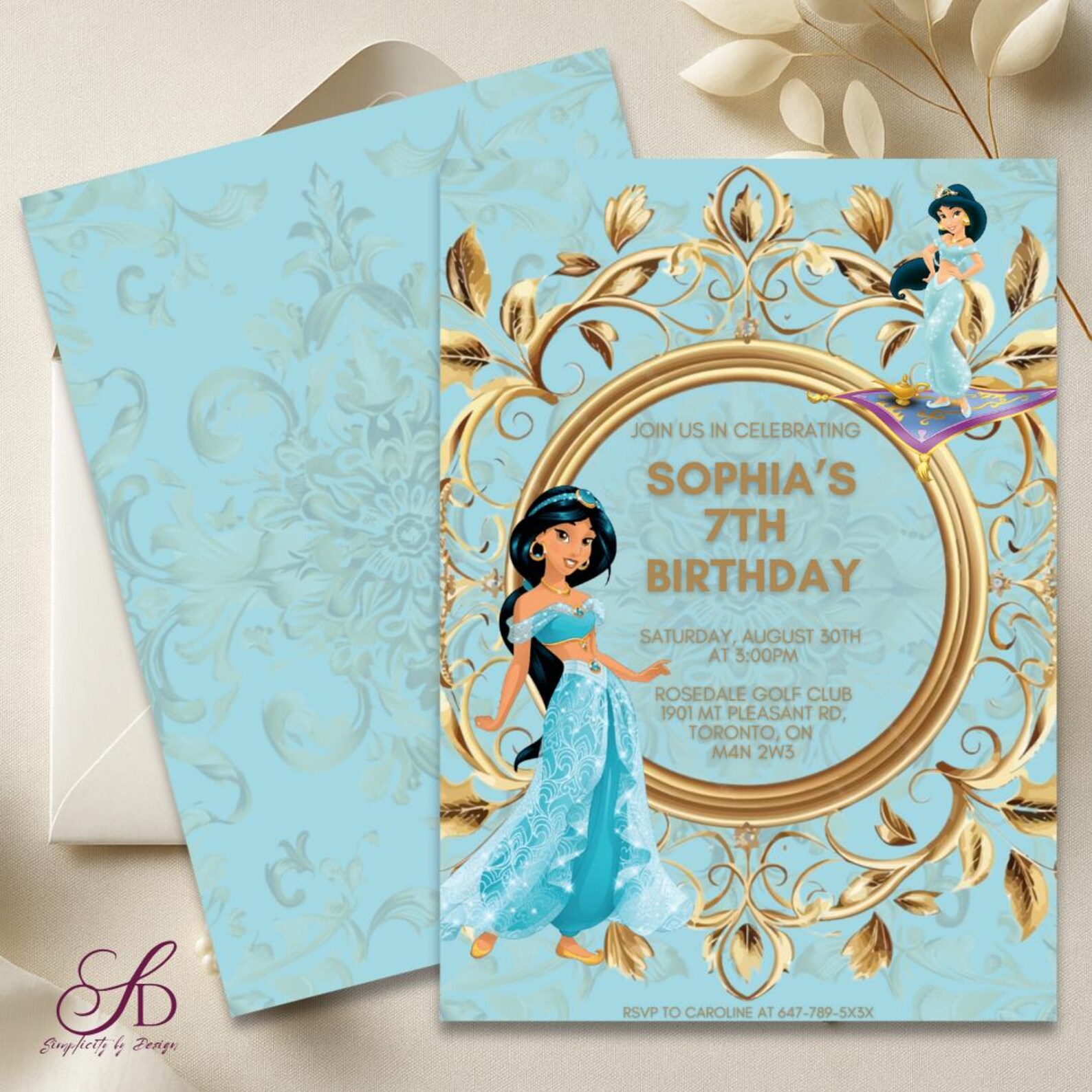 Princess Jasmine Birthday Invitation | Elegant Blue & Gold Princess ...