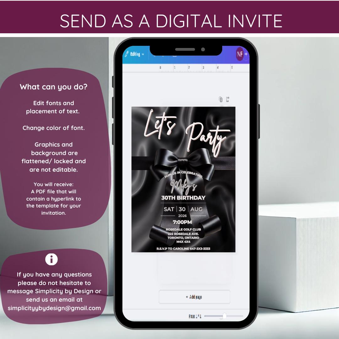 Black Satin Birthday Invitation | Elegant Adult Party Invite | Double ...
