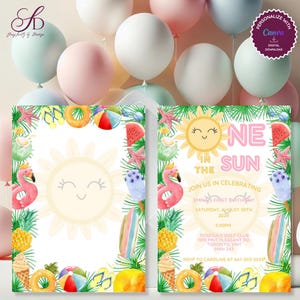 One in the Sun Birthday Invitation: Tropical Pool Party (digital ...
