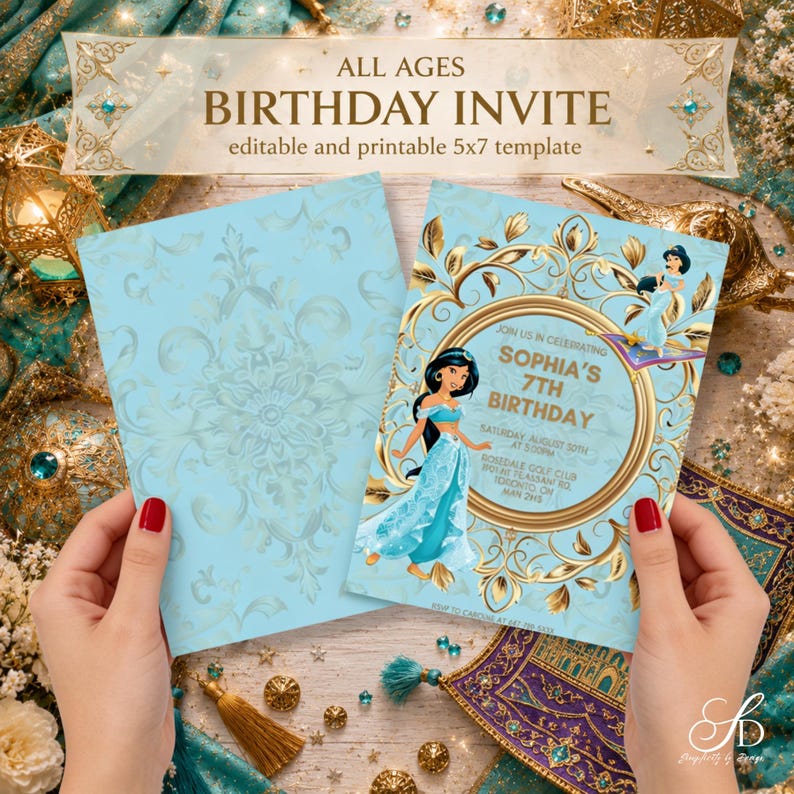 Princess Jasmine Birthday Invitation | Elegant Blue & Gold Princess ...