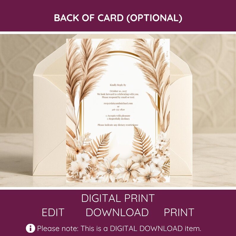 Boho Wedding Invitation | Neutral Rustic Floral Design | Double Sided ...