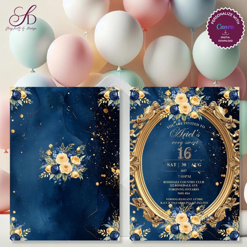 Sweet 16 Birthday Invitation | Navy & Gold Floral | Elegant 5x7 Double ...