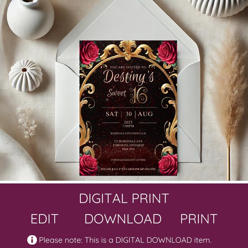 Sweet 16 Red Floral Birthday Invitation for Girls, Red Rose and Gold ...
