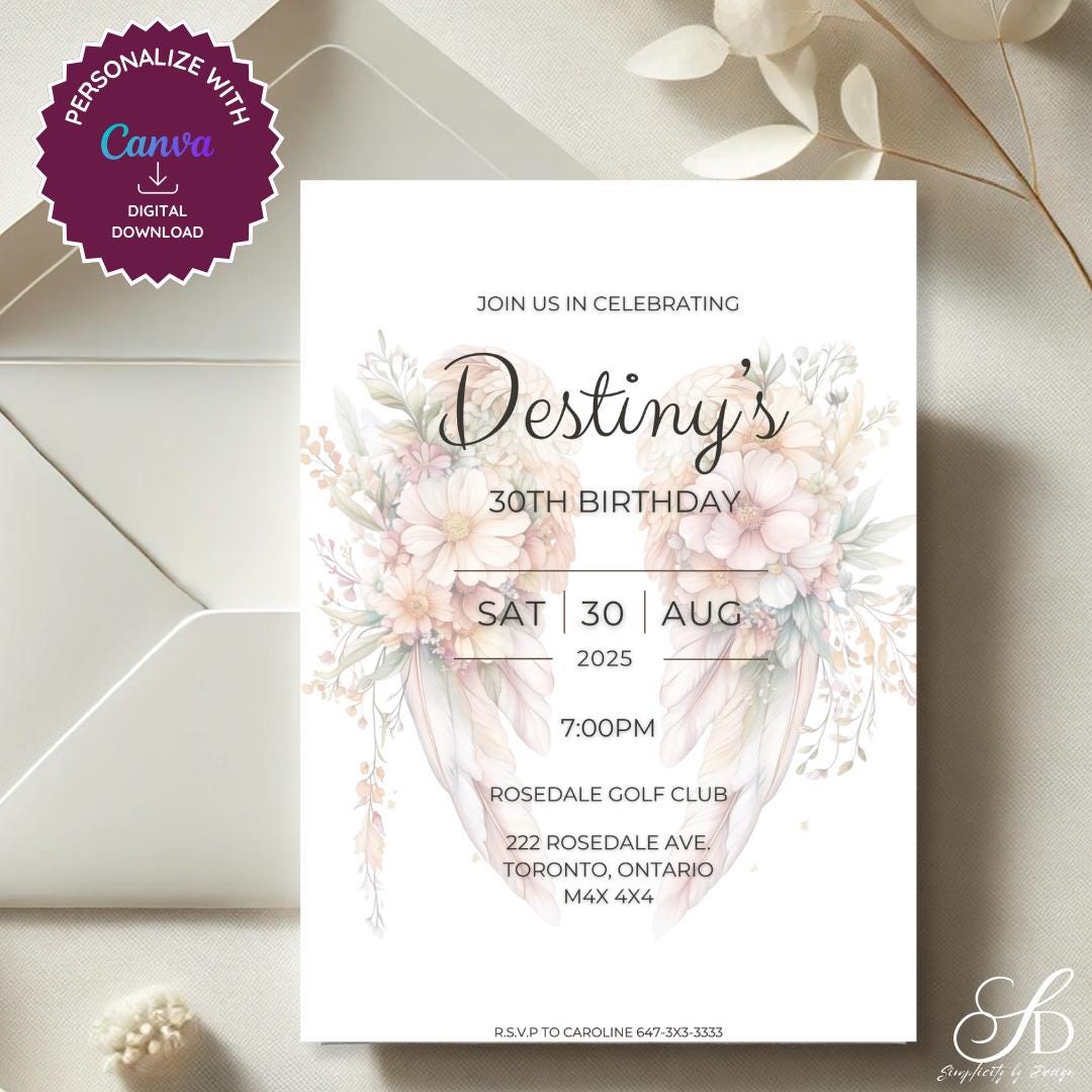 Floral Angel Wings Birthday Invitation – Elegant Boho Printable Party ...