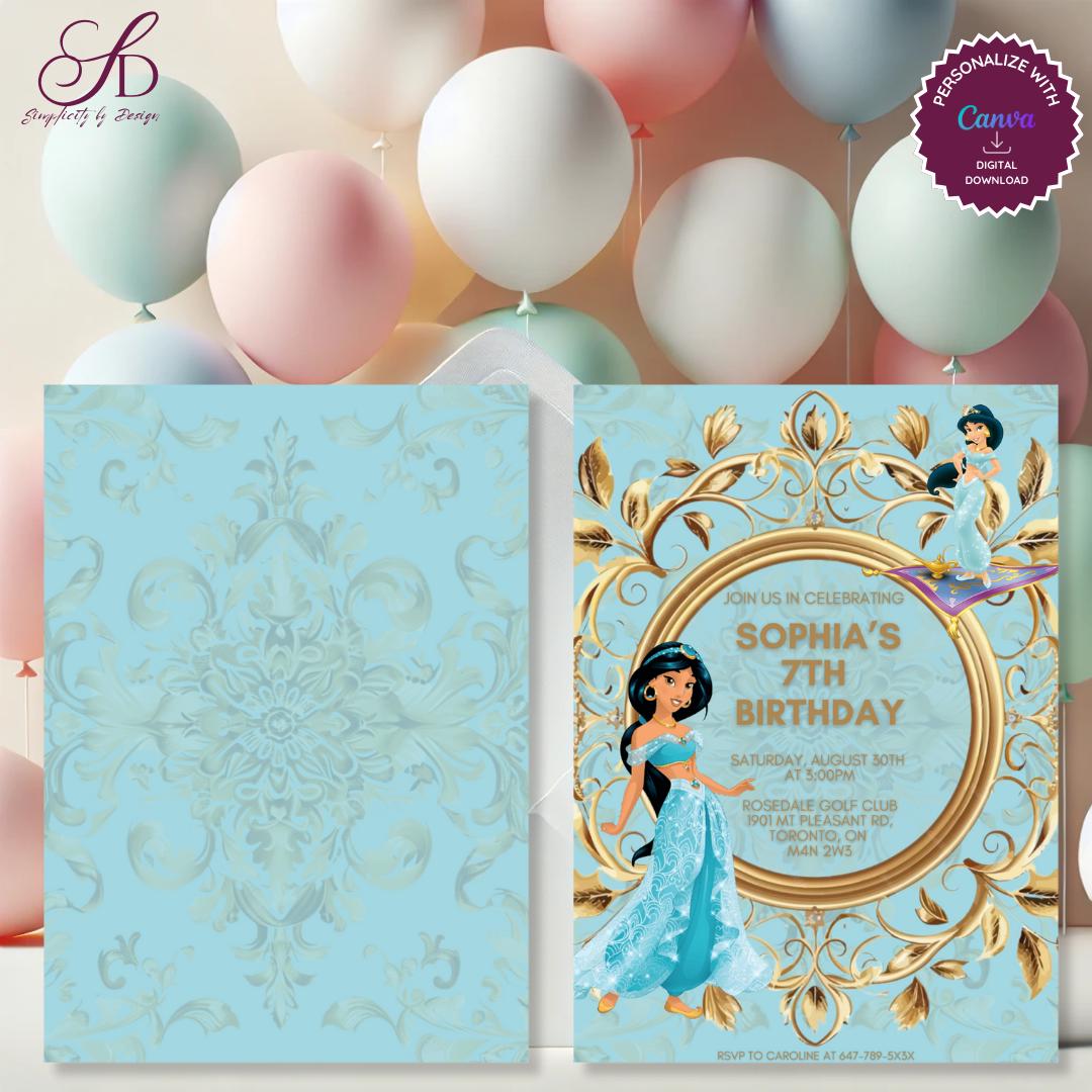 Princess Jasmine Birthday Invitation | Elegant Blue & Gold Princess ...