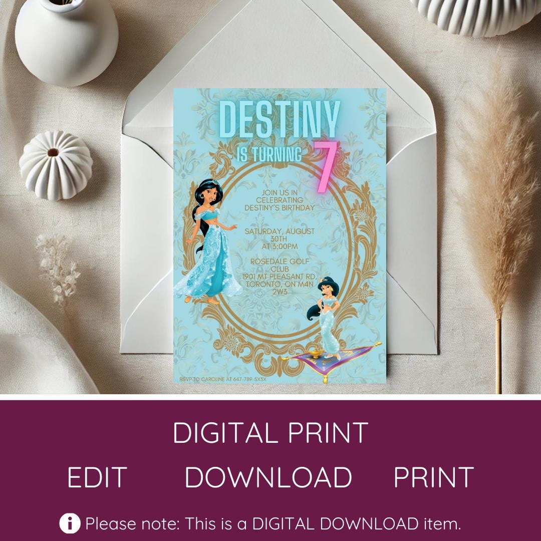 Disney's Princess Jasmine Birthday Invitation,5x7 Editable and ...