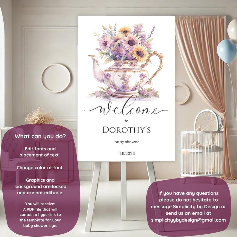 Baby Shower Welcome Sign | Tea Party Baby Shower Sign | Floral Teapot ...