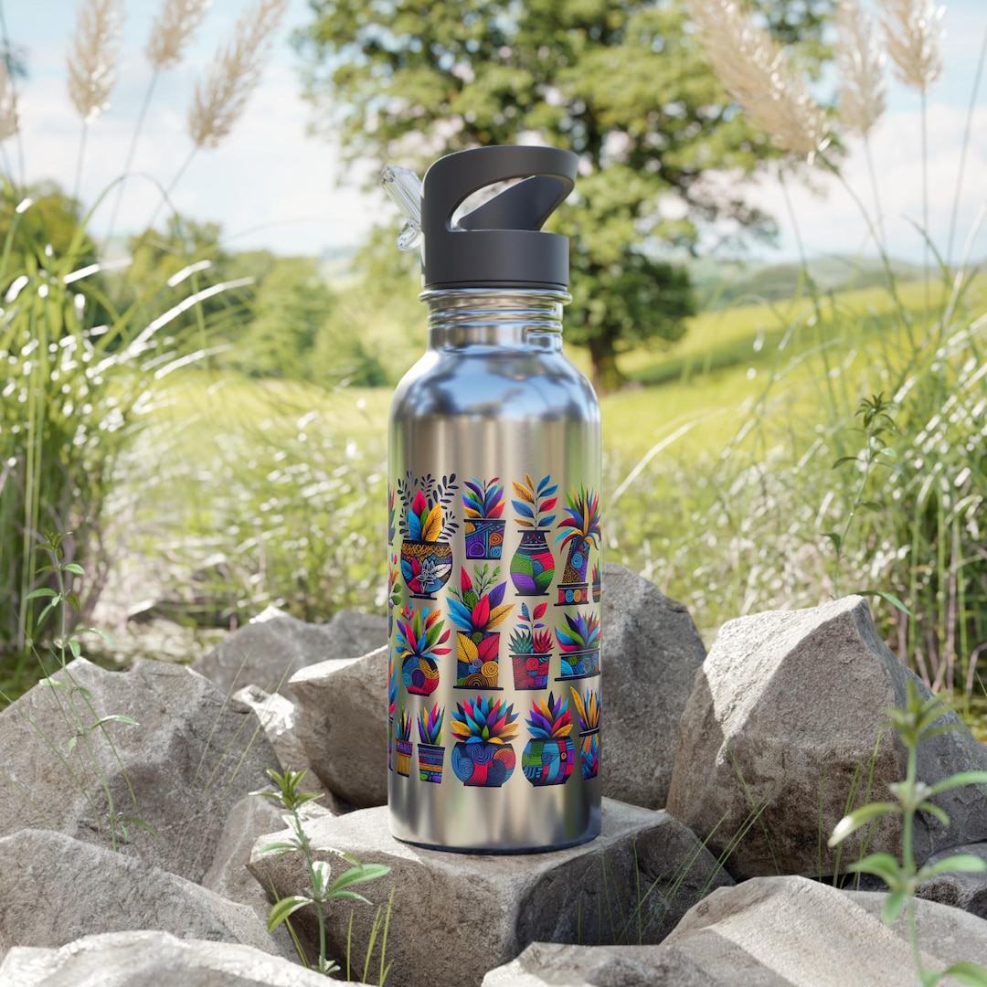 Water Bottle, Potted Plant Pattern, Abstract Botanical Design, Vibrant ...
