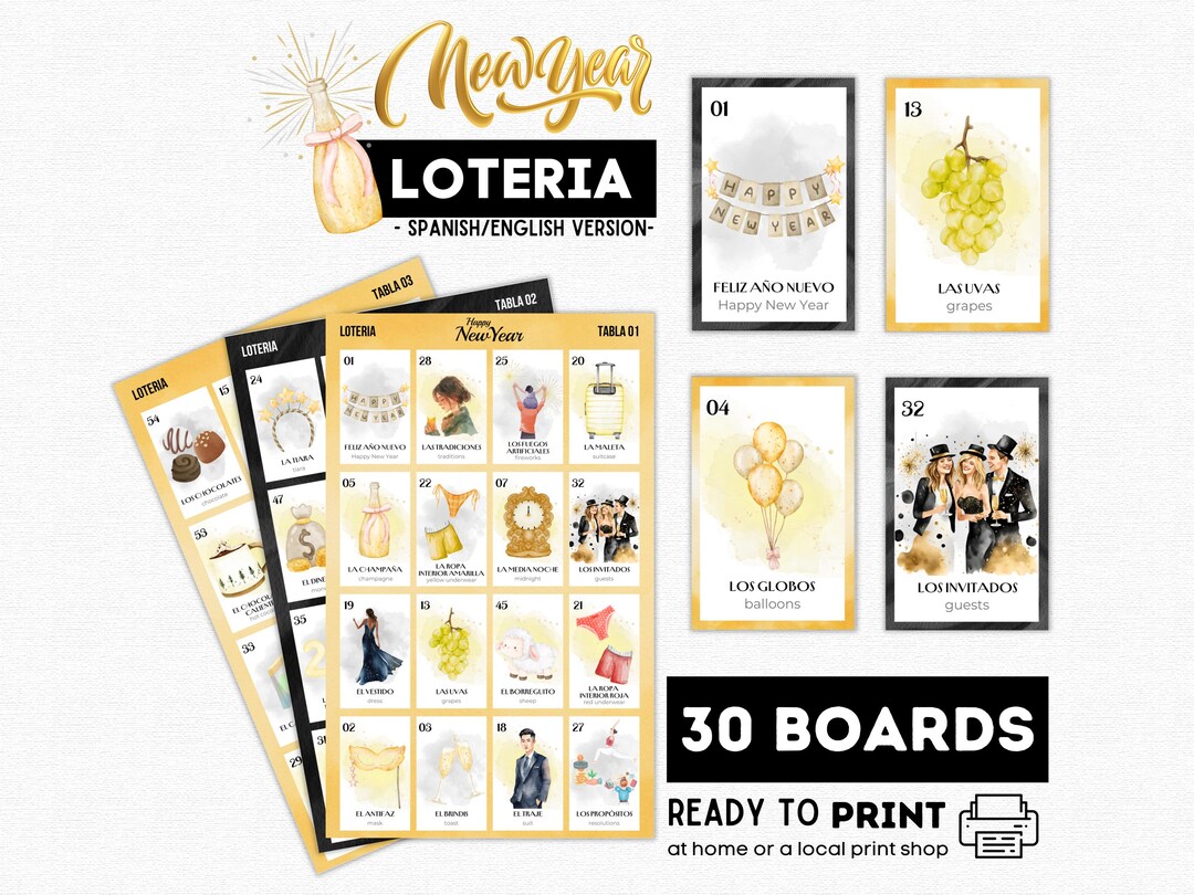 Loteria Año Nuevo, 30 Printable Boards, Bilingual New Year's Eve Bingo ...