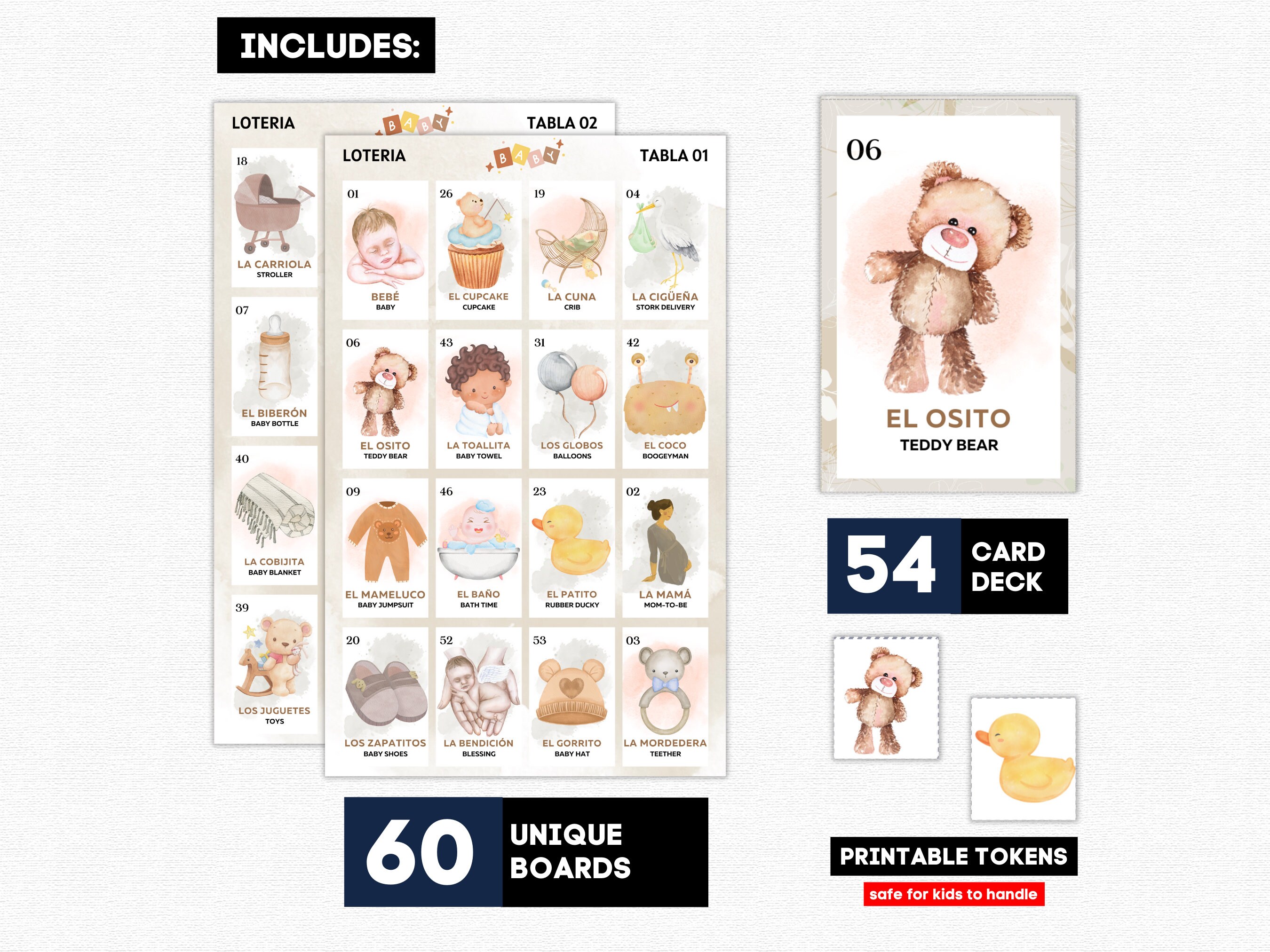 Neutral Baby Shower Loteria, 60 Boards, 54 Cards, Tokens, Brown Baby ...