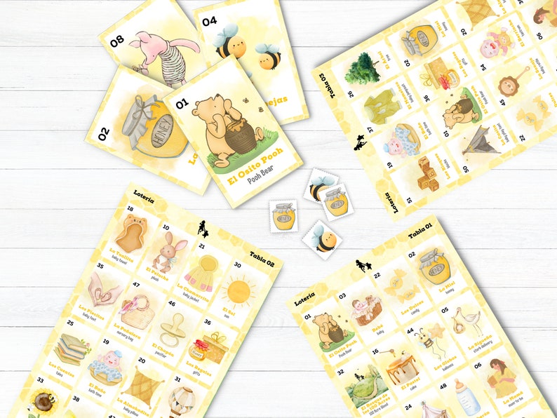 Pooh Bear Baby Shower Loteria, 100 Boards, Bilingual Neutral Gender ...
