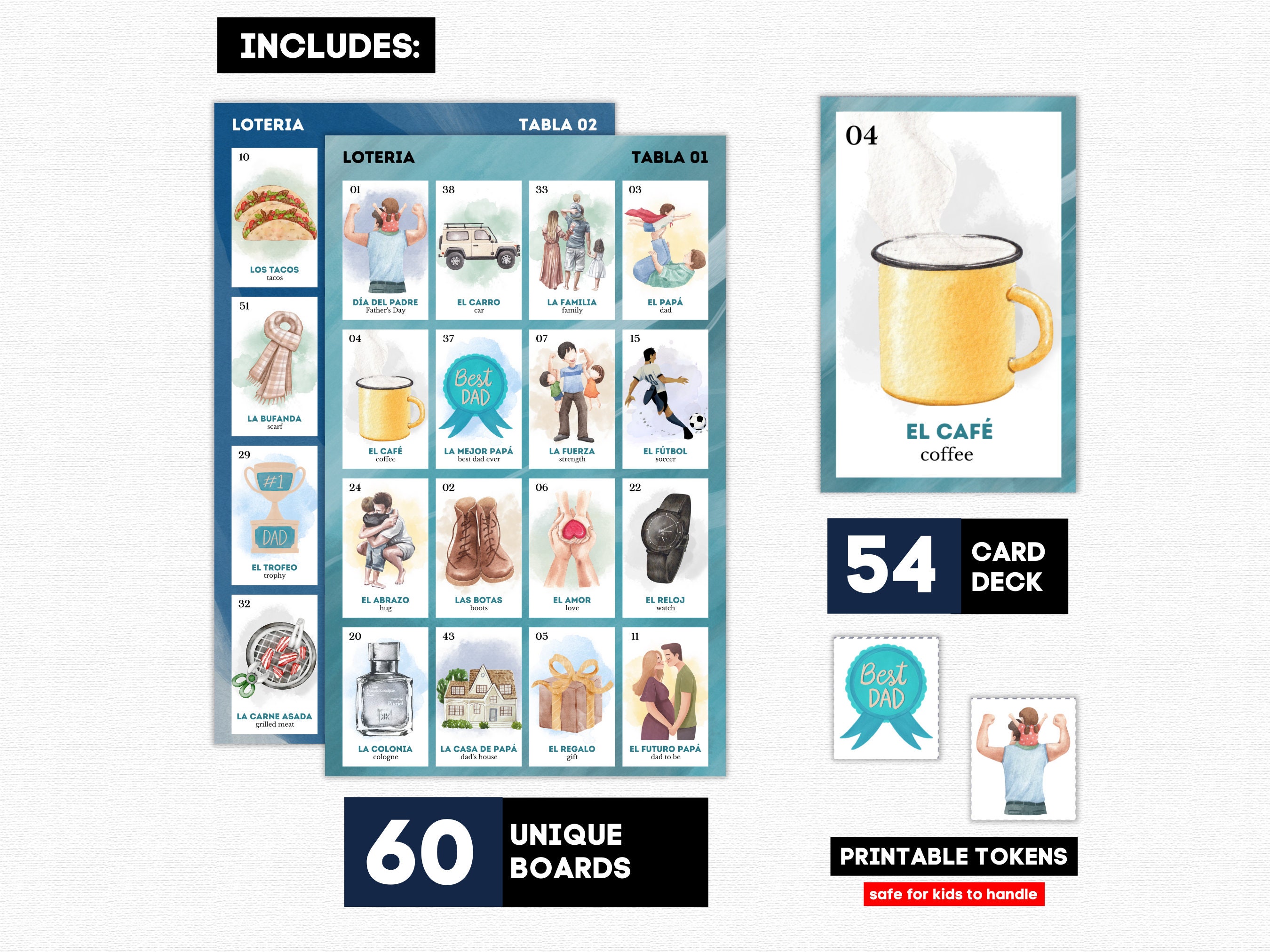 Father's Day Loteria, Loteria Día Del Padre, 60 Boards, 54 Cards ...