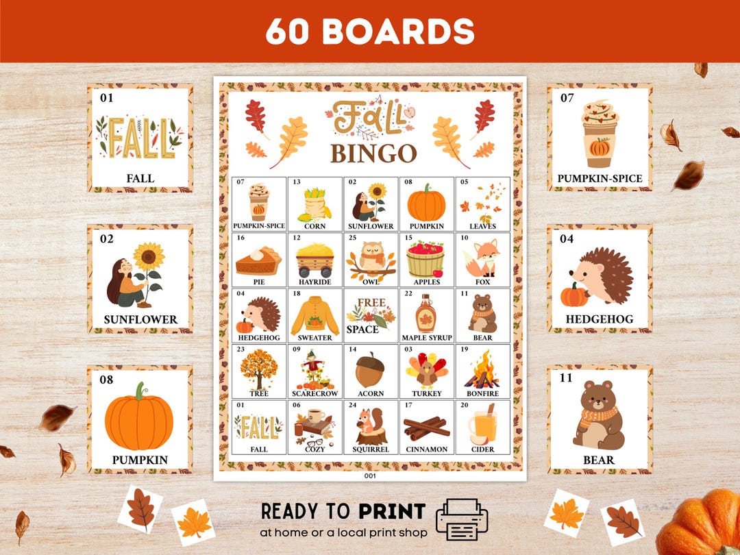 Fall Bingo Game: 60 Printable Boards, Autumn Party Activity (digital ...