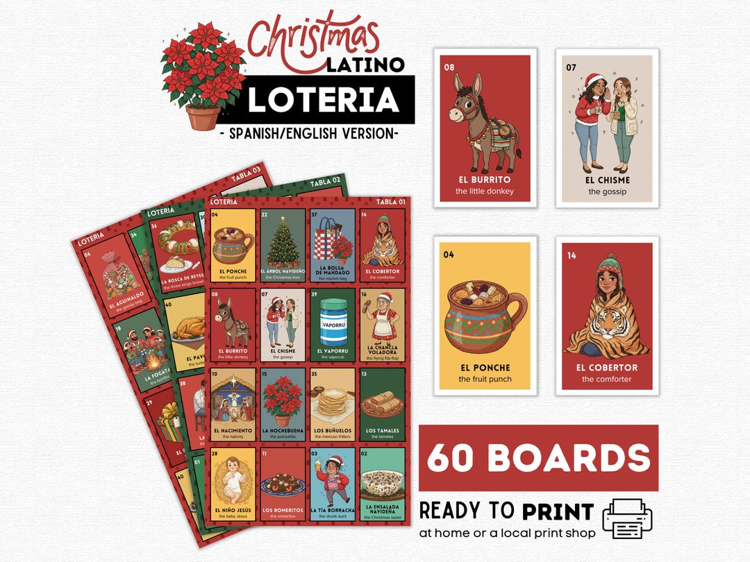 Christmas Latino Loteria, 60 Printable Boards, Multicultural Bilingual ...