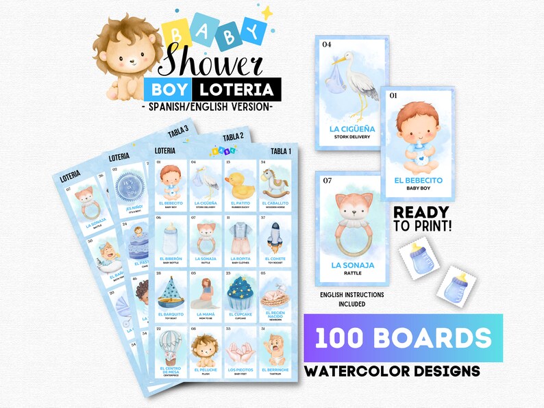 Loteria para Baby Shower de Niño, Loteria Baby Shower Niño, 100 ...