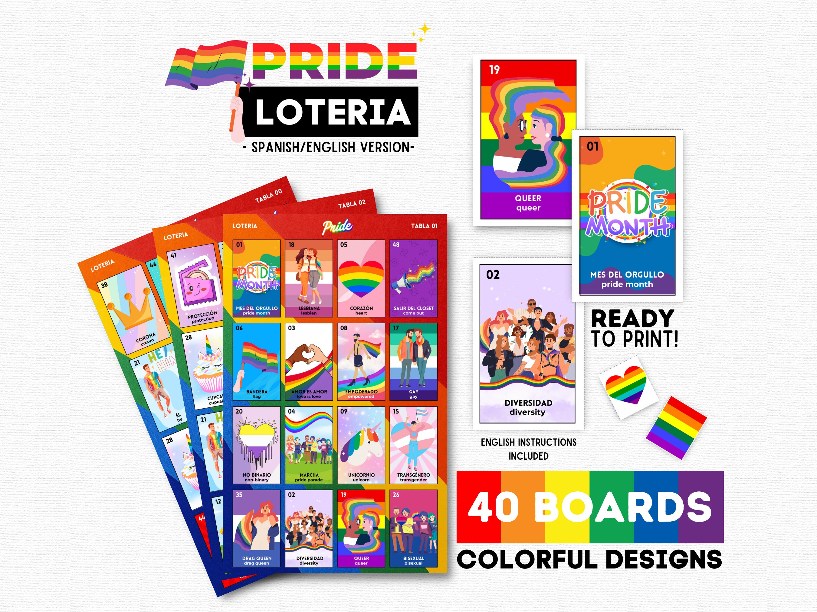 Pride Month Loteria, 40 Boards, Loteria LGBTQ, Rainbow Pride Bingo ...