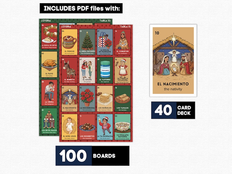 Christmas Latino Loteria, 100 Printable Boards, Multicultural Bilingual ...