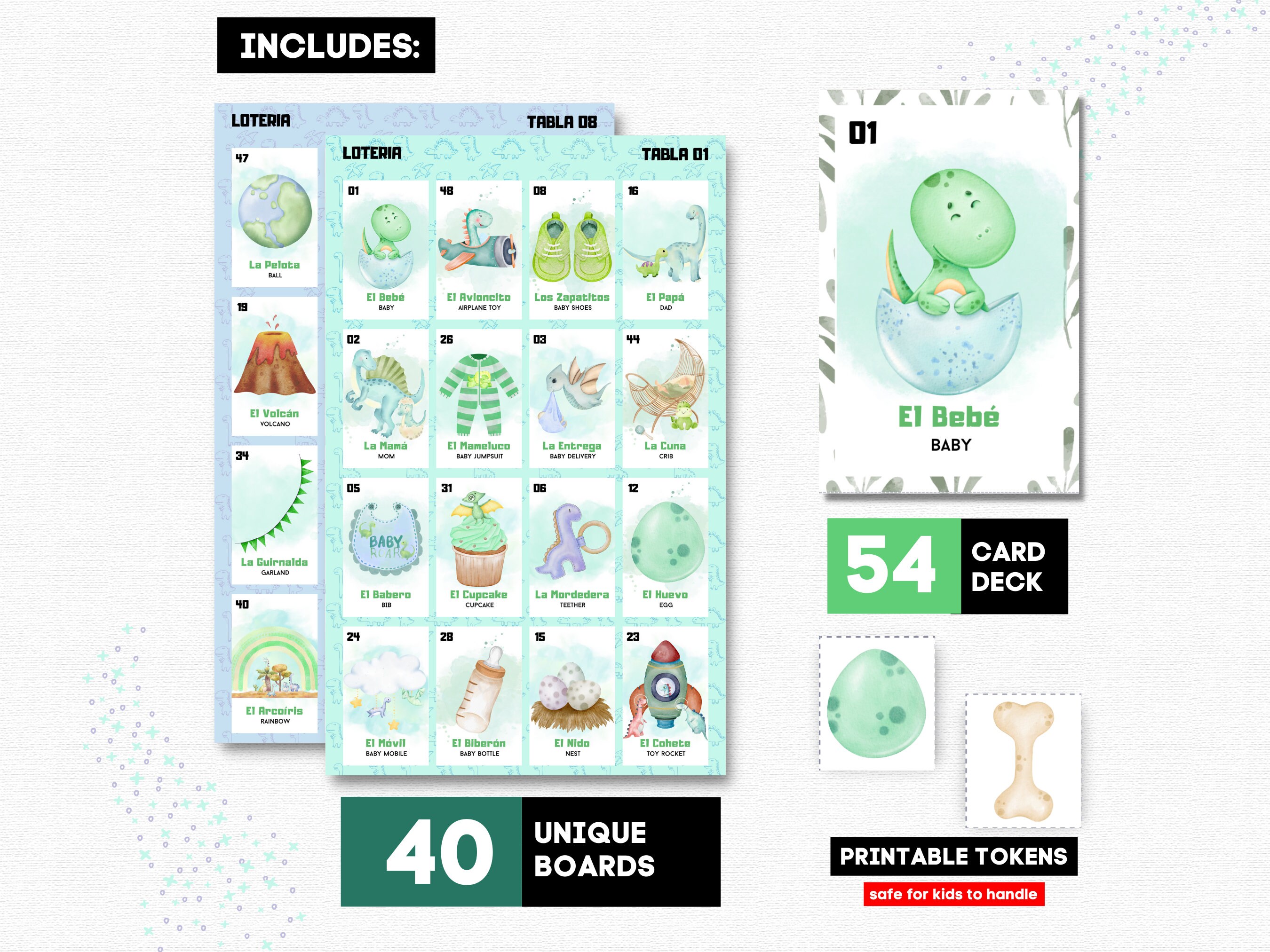 Dinosaur Baby Shower Loteria, Loteria Baby Shower Dinosaurios, 40 ...