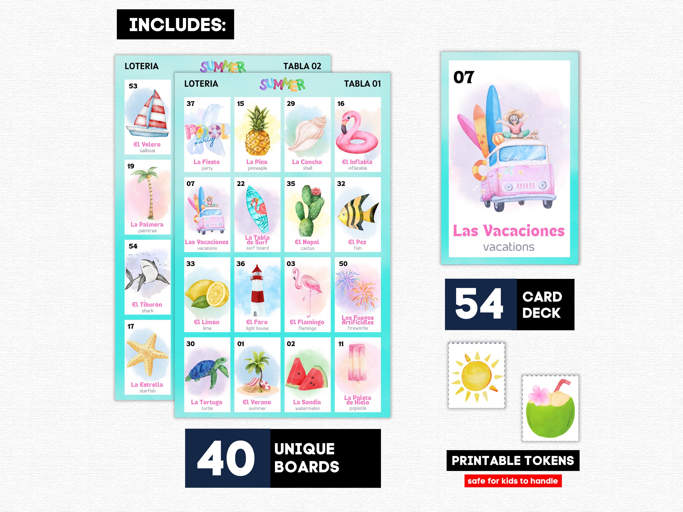 Summer Pool Party Loteria, Loteria De Verano, 40 Boards, 54 Cards ...
