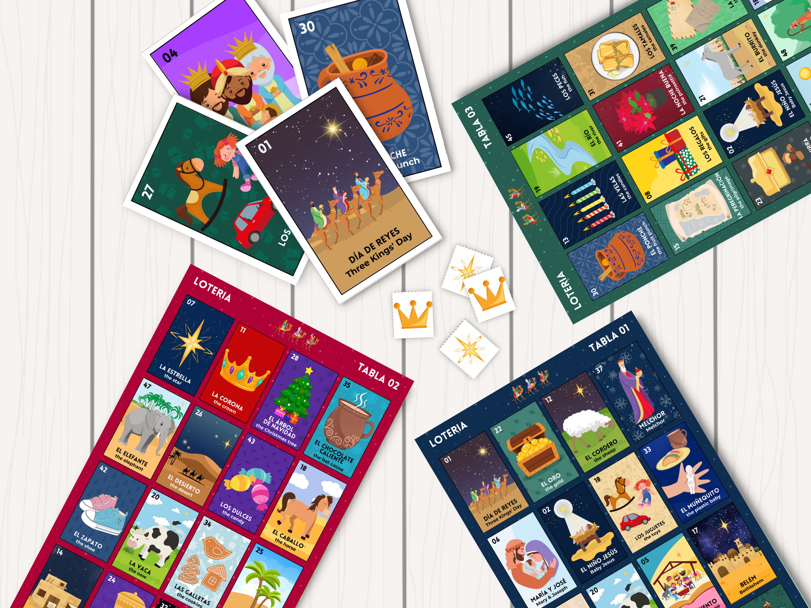 Dia De Reyes Loteria, the Three Kings Bingo Set, 20 Boards, Christmas ...