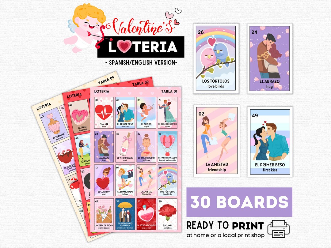 Lotería de San Valentín, 30 tableros imprimibles, Bingo de San Valentín ...