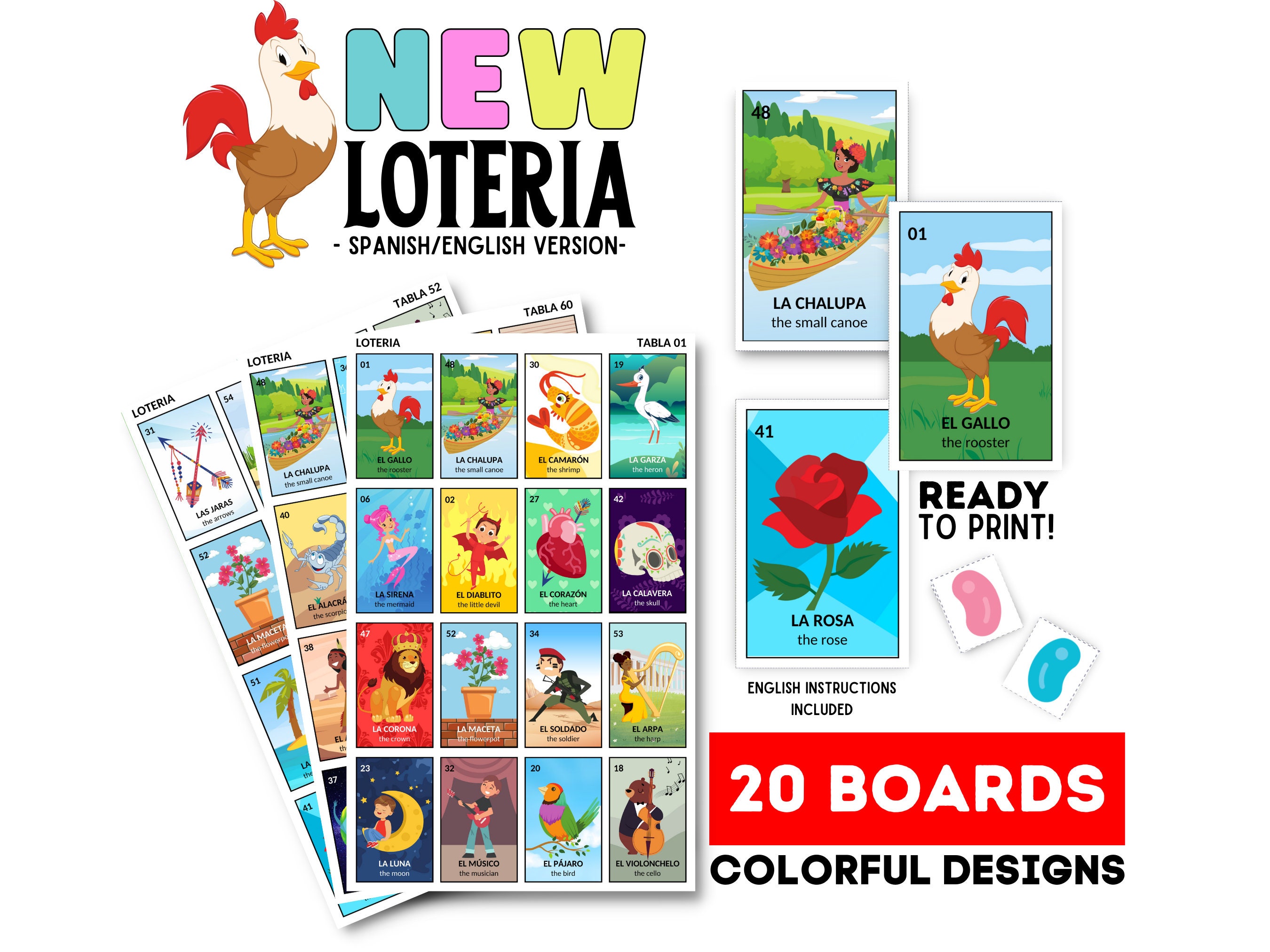 Nueva Lotería Mexicana, 20 Tableros, Bingo Mexicano, Lotería Bilingüe ...