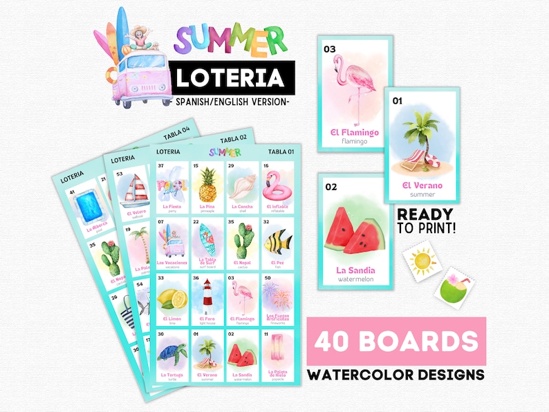 Summer Pool Party Loteria, Loteria De Verano, 40 Boards, 54 Cards ...