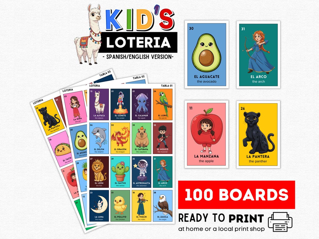 Kid's Loteria, 100 Printable Boards, Bilingual Kid's Friendly Mexican ...