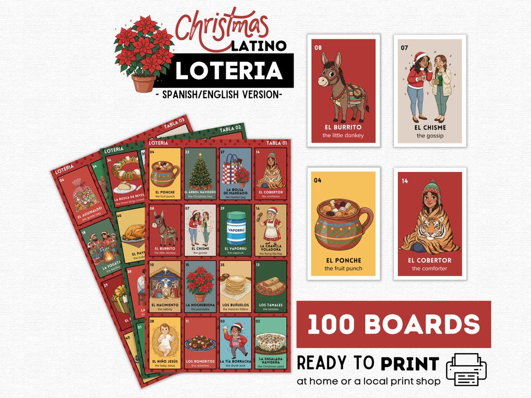 Christmas Latino Loteria, 100 Printable Boards, Multicultural Bilingual ...