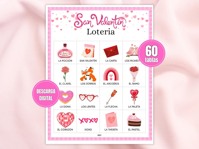 Loteria San Valentin, 60 Tablas Imprimibles, Bingo Día Del Amor Y La ...