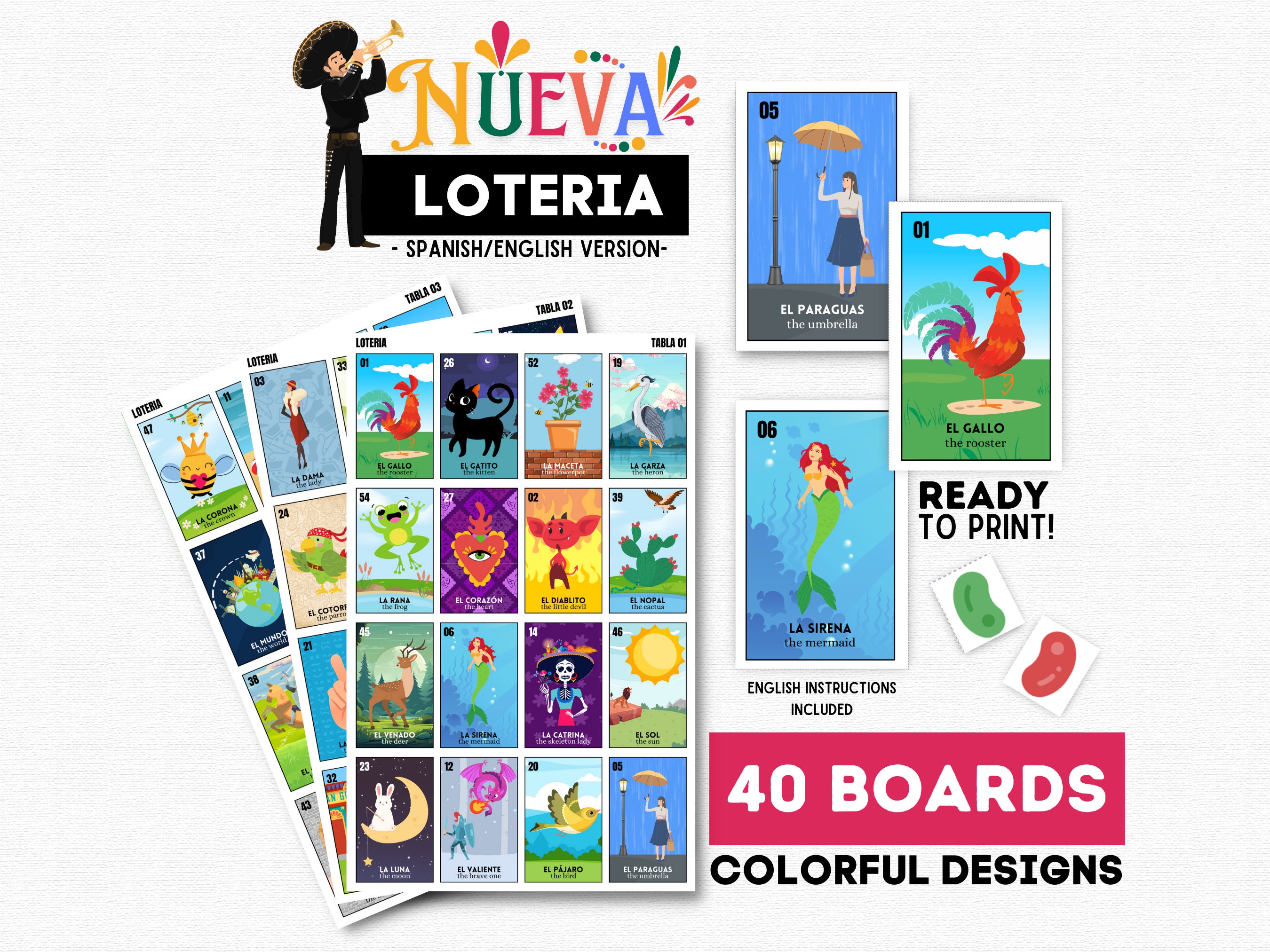 Nueva Loteria Mexicana, 40 Boards, New Mexican Loteria 2nd Edition, New ...