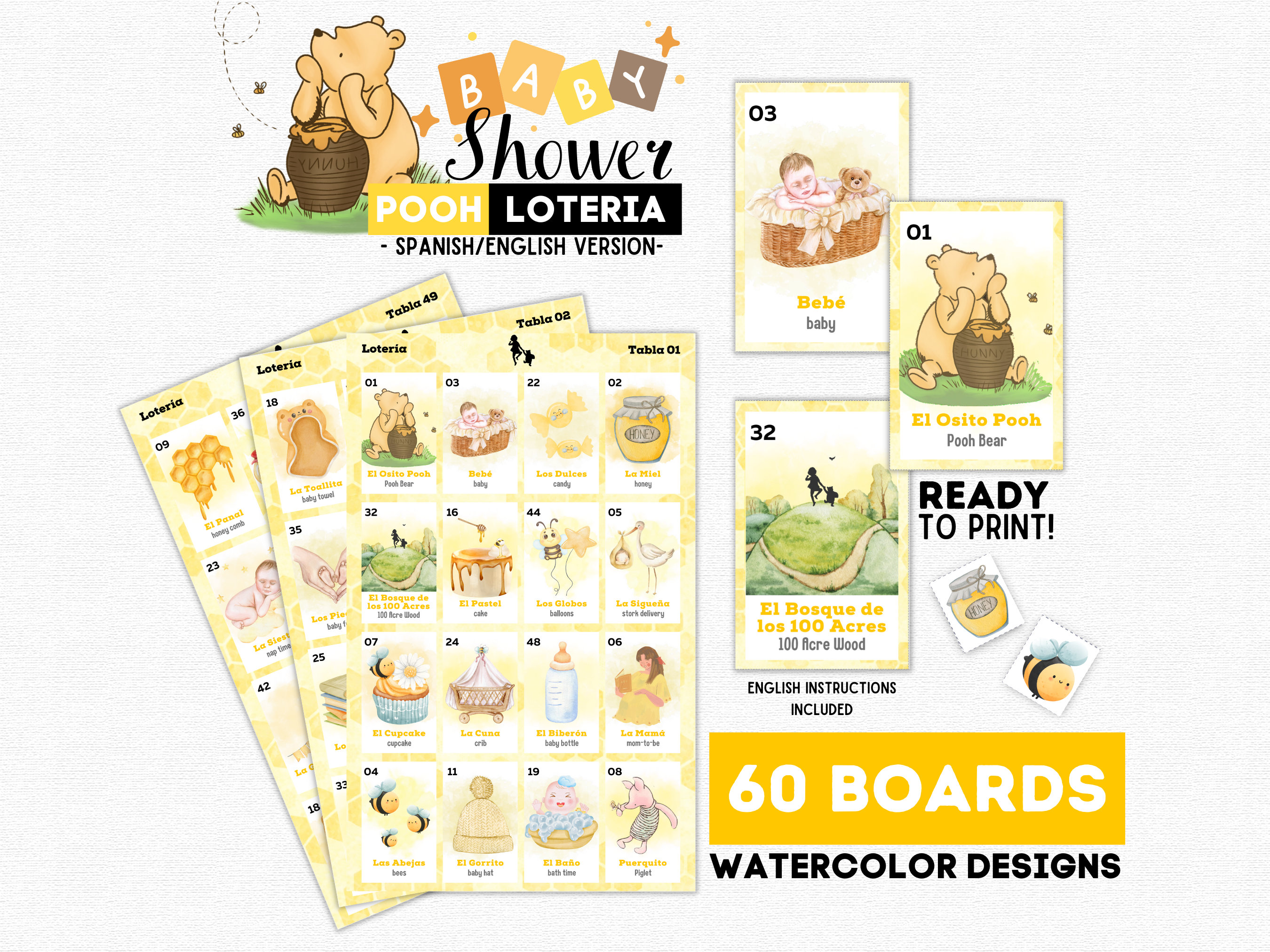 Neutral Baby Shower Loteria, Pooh Bear Baby Shower Bingo, 60 Boards, 54 ...