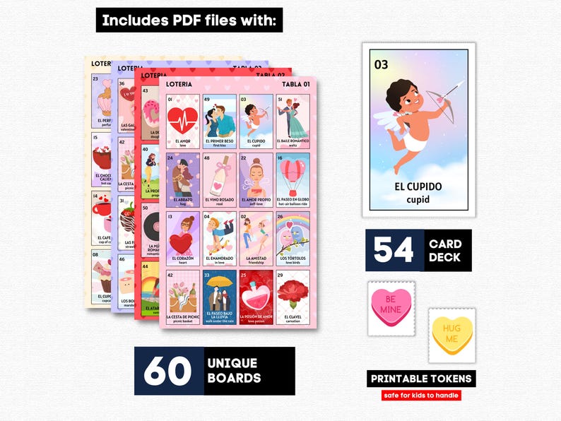 Lotería de San Valentín, 60 tableros imprimibles, Bingo de San Valentín ...