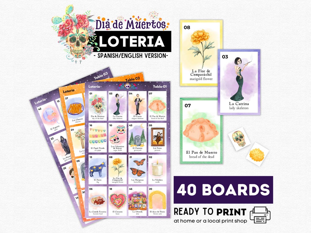Día De Muertos Loteria , 40 Boards, Bilingual Day of the Dead Bingo ...