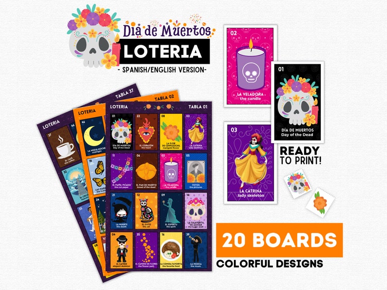 Día De Muertos Loteria, Day of the Dead Bingo, 20 Boards, 48 Cards ...