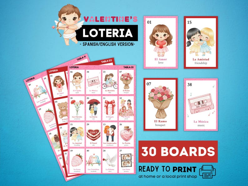 Lotería de San Valentín, 30 tableros imprimibles, Bingo del amor de ...