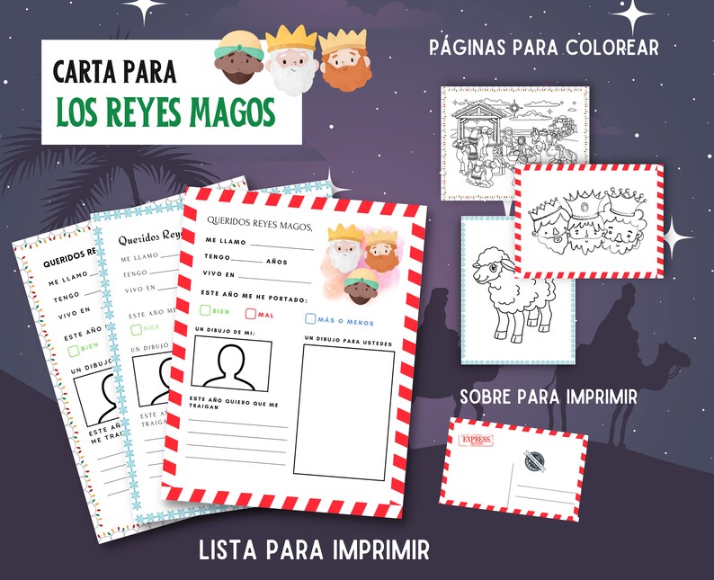 Carta Para Los Reyes Magos, 3 Diseños, Hojas Para Colorear, Sobre Para ...